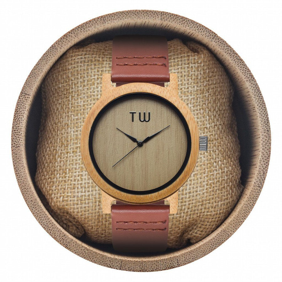 TruWood Minimal Light Bamboo Wood Watch Brown Leather Band for Men