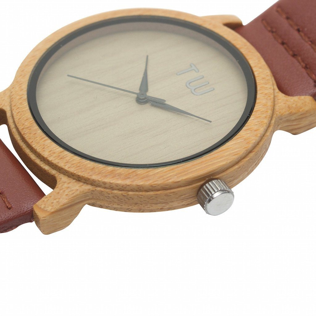 TruWood Minimal Light Bamboo Wood Watch Brown Leather Band for Men
