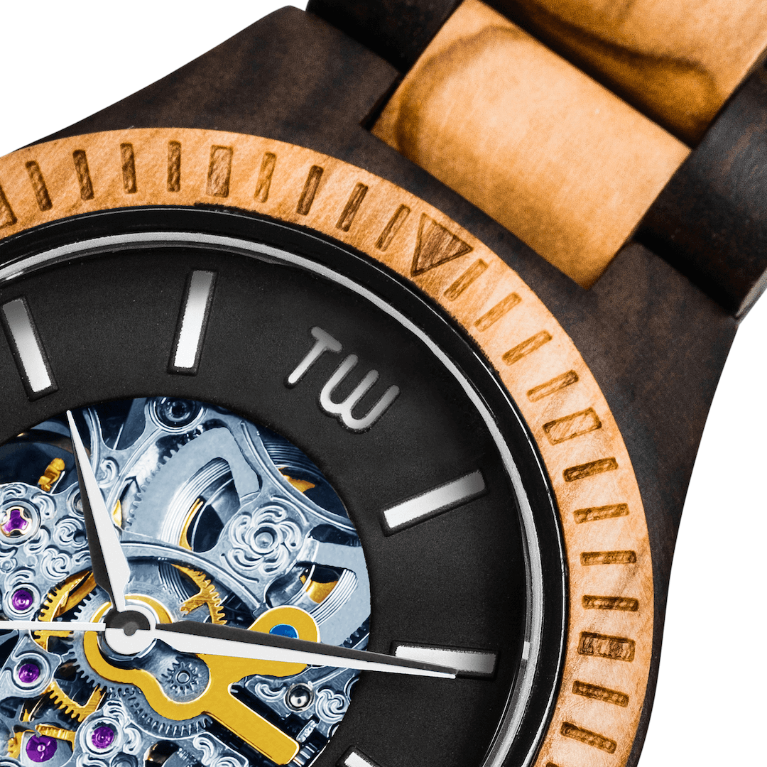 TruWood Caliber Black Mahogany Olive Wood Two Tone Automatic Watch Men