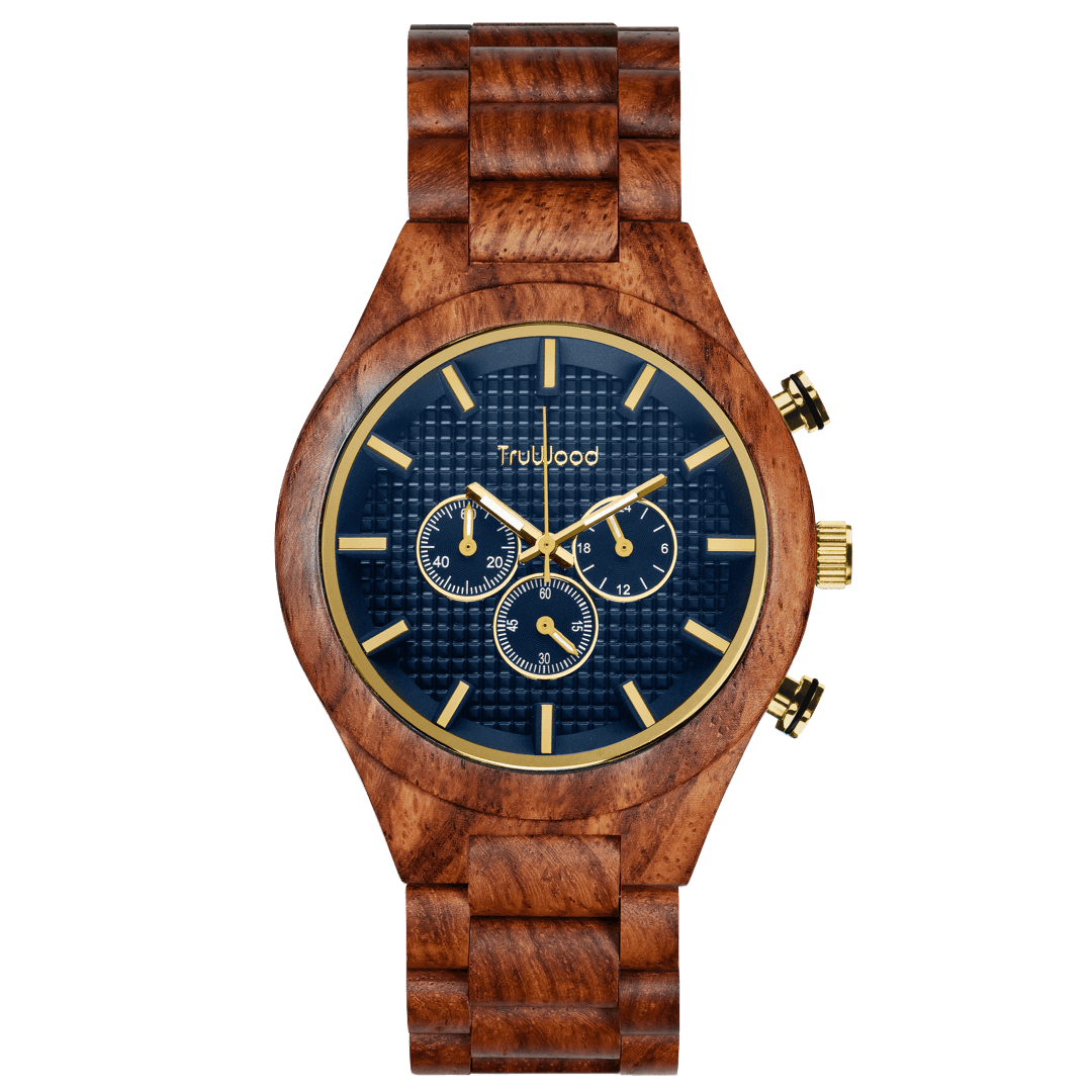 TruWood Crest Brown Kosso Wood Chronograph Wood Watch Navy Dial Men