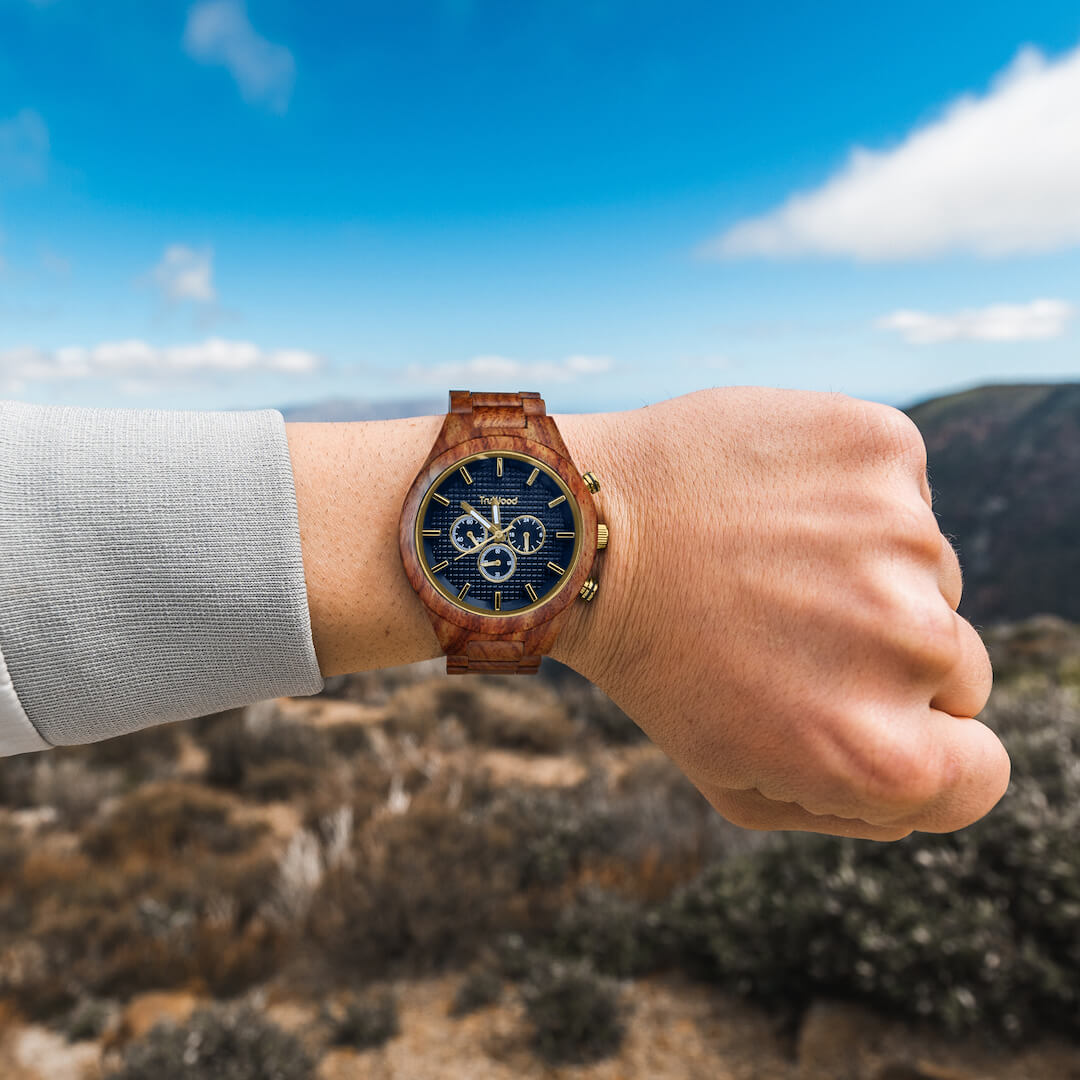 TruWood Crest Brown Kosso Wood Chronograph Wood Watch Navy Dial Men