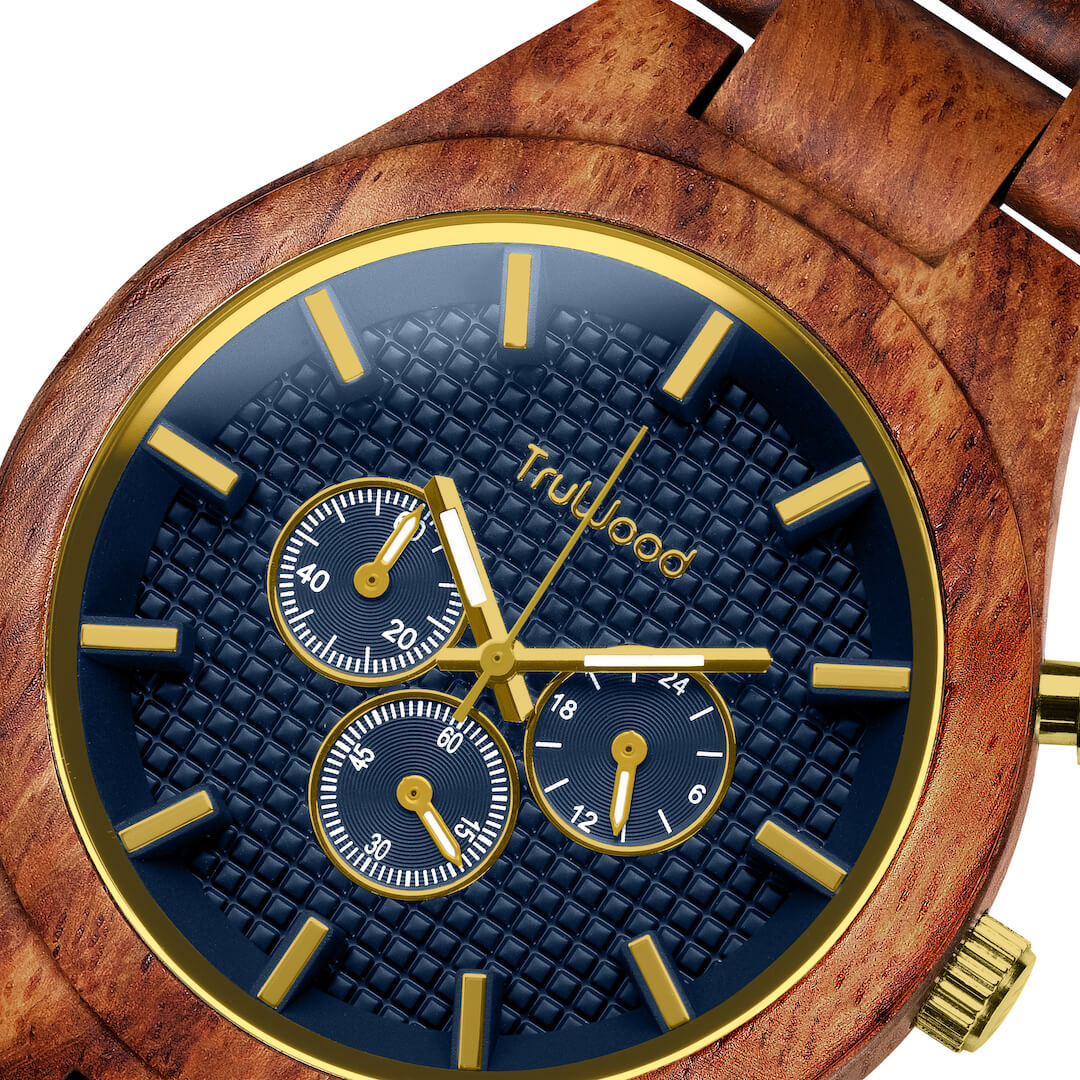 TruWood Crest Brown Kosso Wood Chronograph Wood Watch Navy Dial Men