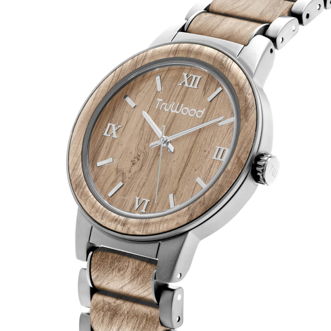 TruWood Glacier Grey Maple Wood Watch Silver Metal for Men