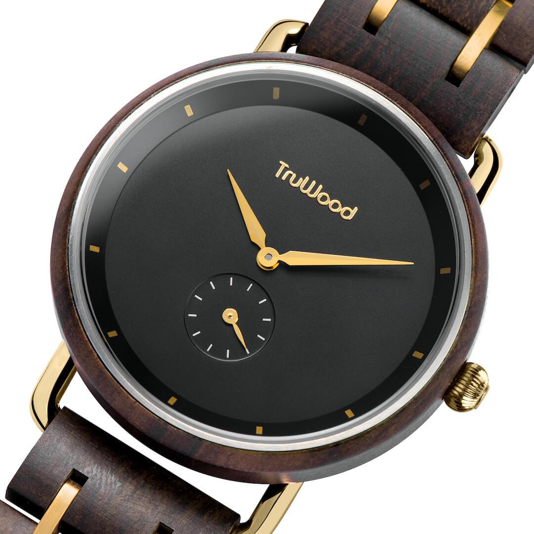 TruWood Space Black Mahogany Wood and Gold Metal Watch for Men