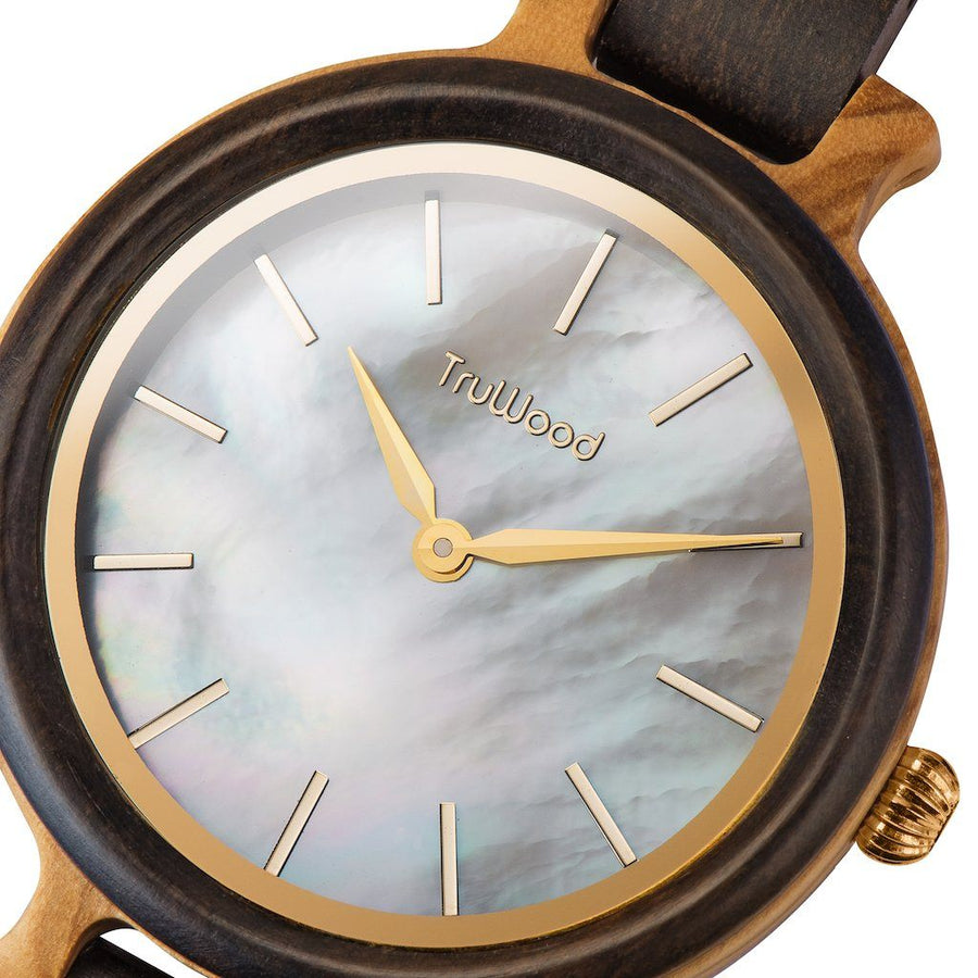 TruWood Iris Black Mahogany Wood and Gold Metal Watch for Women