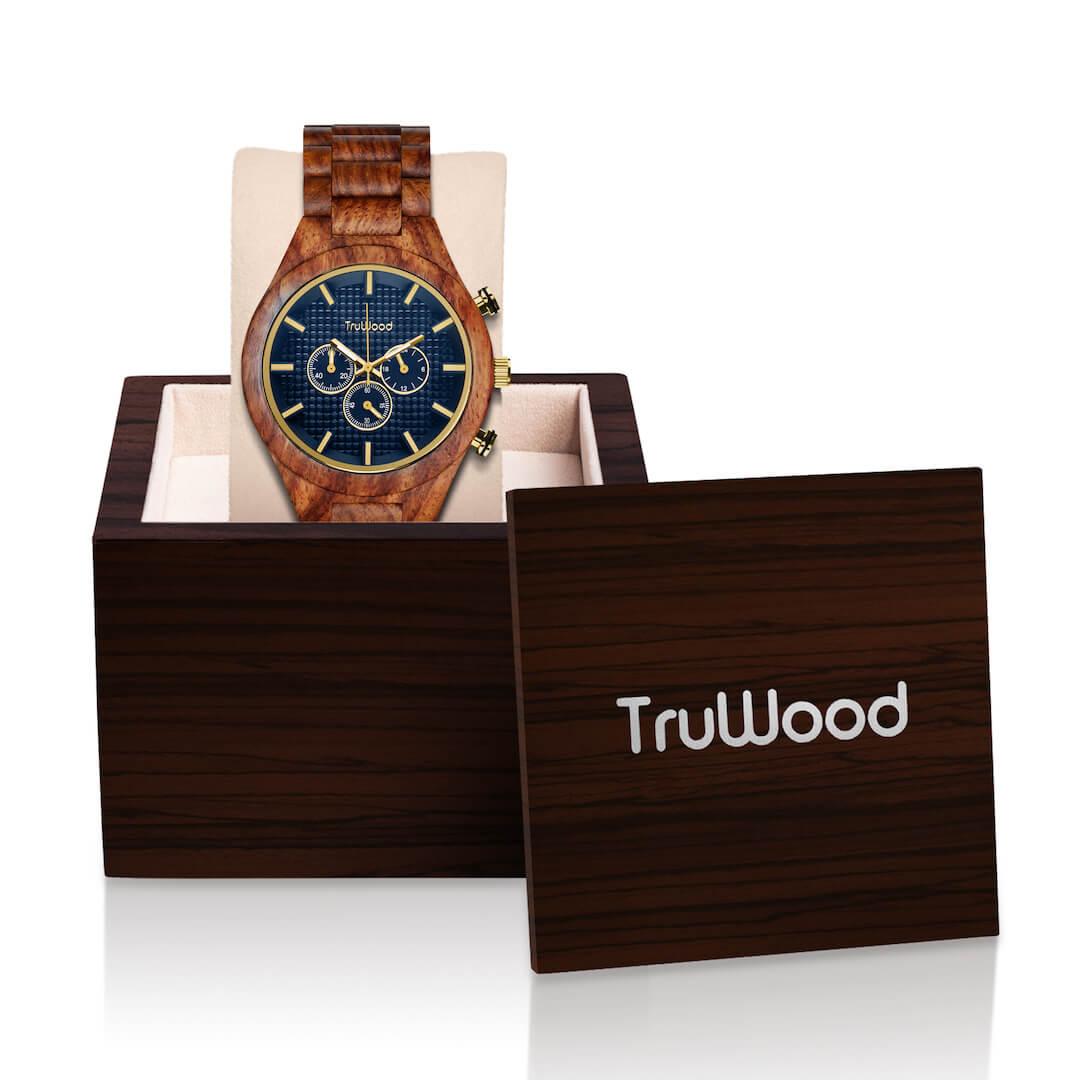 TruWood Crest Brown Kosso Wood Chronograph Wood Watch Navy Dial Men